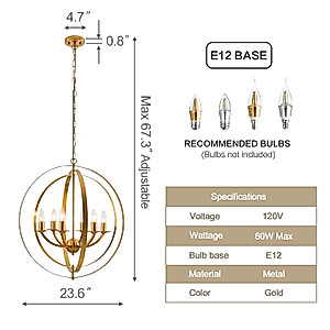 Hanging Lamp , Chandeliers,Gold Pendant Lights for Kitchen Island, Modern 6 Lights Globe Pendant Light Fixtures, Adjustable Orbits Ring Hanging Light, Farmhouse Ceiling Lights for Dining Room Bedroom