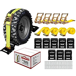 Autofonder Vehicle Wheel Chock Tie Down kit 1986lb Break Strength Ultimate Heavy Duty Trailer Tire Straps System for ATV,UTV,Lawn Mower