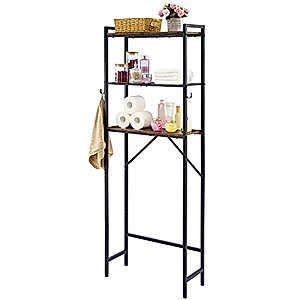 Hoctieon 3-Tier Over The Toilet Storage,Multifunctional Bathroom Organizer,Wood Bathroom Shelf, Metal Freestanding Toilet Rack with Hooks,Washroom Shelves, Space Saver, Rustic Brown