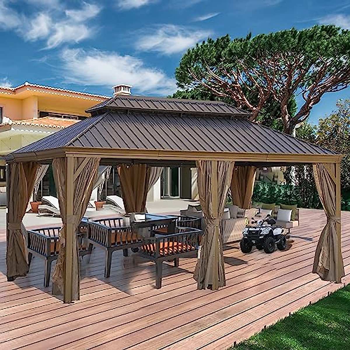 Nanonyy 12’ X 20’ Outdoor Hardtop Gazebo Galvanized Steel Double Roof Permanent Gazebos Canopy Aluminum Frame Patio Garden Gazebo with Curtains and Netting Wood Looking