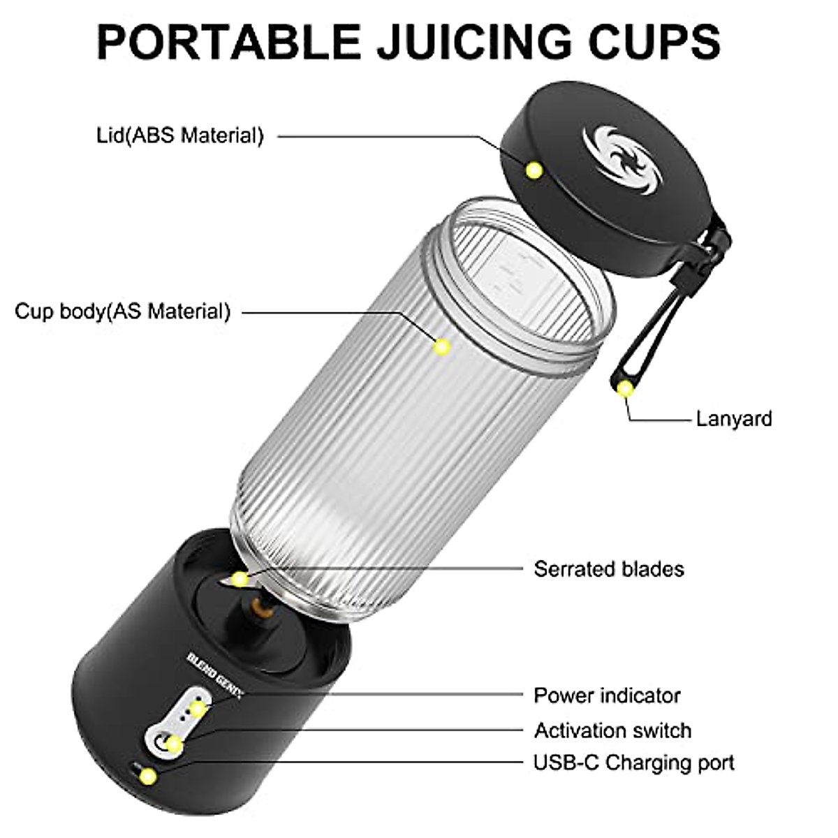 Blend Genix Blender for Shakes and Smoothies – Advanced Portable Fruit Blender with USB Charging Premium Blender Bottle with 450ml Capacity Lightweight and Durable Materials Practical Lanyard, Black