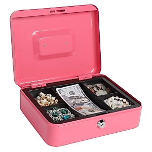 Kasten Cash Box With Money Tray and Key Lock, Money Organizer for Cash, 9.84"x 7.87"x 3.54", Medium Pink