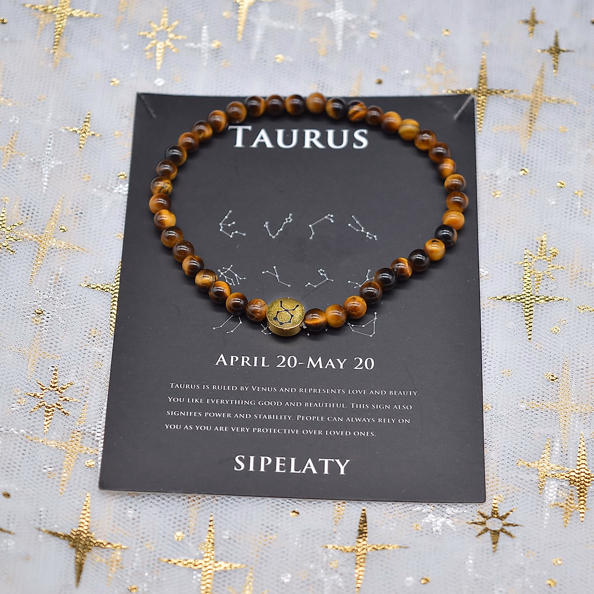 SIPELATY 4MM Mini Gemstone Energy Star Sign Constellation Bracelet with 18K Gold Plated Charm Zodiac Bracelet for Women Taurus