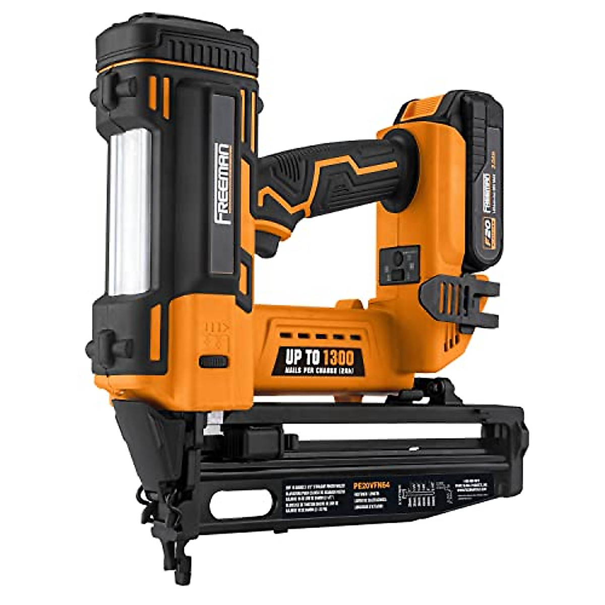 Freeman PE20VFN64 20 Volt Cordless 16-Gauge 2-1/2" Straight Finish Nailer Kit with Lithium Ion Battery, Charger, Bag, and Nails (200 Count) – 1300 Shots per Charge, Orange and Black