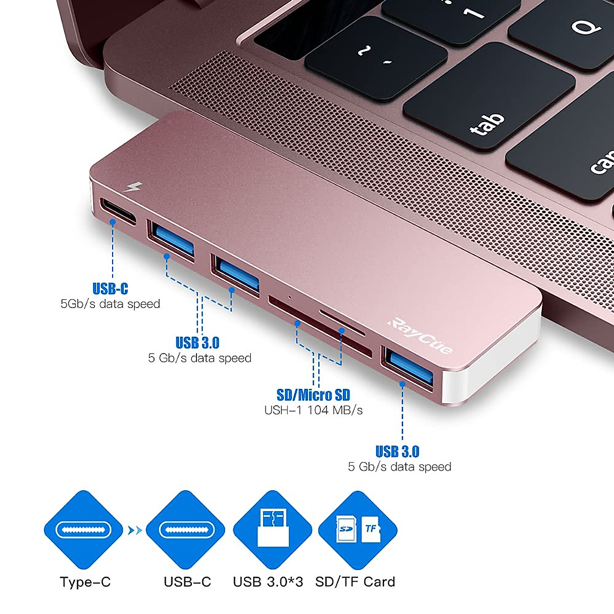 RayCue USB C Hub Adapter for MacBook Pro/Air M1 M2 M3 2023-2016, 6 in-1 USB-C Accessories Compatible with MacBook Pro 13″ and 15″ with 3 USB 3.0 Ports, TF/SD Card Reader, USB-C Power Delivery (Pink)