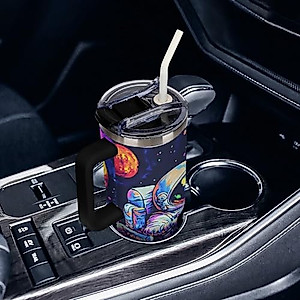 Astronaut Aliens Pizza Insulated Tumblers with Handle Stainless Steel Coffee Mug Funny Travel Cup with Lid Straw 40oz