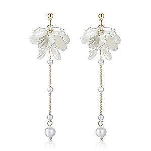 KRUCKEL White Pressed Flower Dangle Earrings | Golden Studs with Pearl like Drops | Hypoallergenic, Lightweight Jewelry for Women | Sparkle at Birthday, Anniversary, Graduation, Wedding