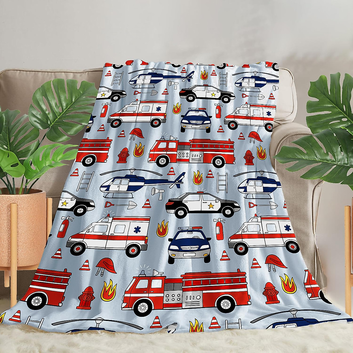 Fire Truck Toddler Bed Blanket, Firefighter Blanket for Boys Kids, Truck Blanket for Kids, Soft Warm Cozy Fleece Throw Blankets Gifts 40x50 Inch