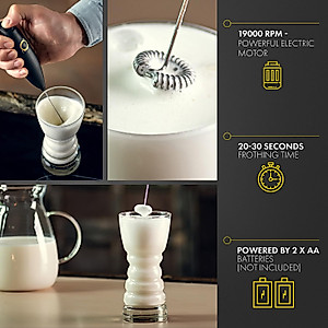 Milk Frother Matte Black - Coffee Frother Handheld with Electric Whisk - 19000 rpm - Book Recipes and Stainless Steel Stand Included - Hand Mixer Electric (Matte Black Onyx)