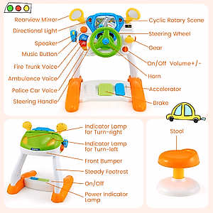 HONEY JOY Steering Wheels Toys for Toddler Boys Girls, Pretend Play Learning Driver Toy Cars for Preschool Baby, Lights & Music, Interphone, Pedal, My First Driving Educational Musical Toy w/Stool