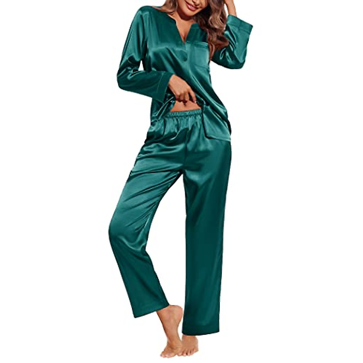 Ekouaer Womens Silk Pjs Long Sleeve Sleepwear Satin Pajamas Top and Pants Set Two Piece Sleep Set Dark Green
