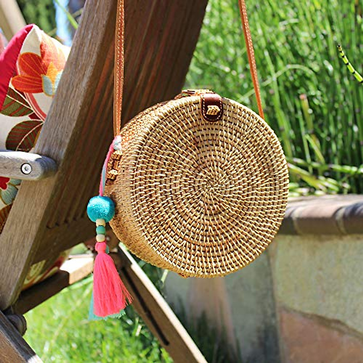 Handwoven Round Rattan Bag, Leather Shoulder Strap, Two Pocket Boho Bali Wicker Crossbody Handbag
