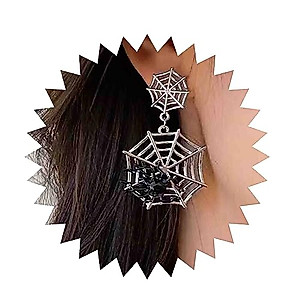 Sttiafay Gothic Spider Web Drop Earrings Black Spider Dangle Earrings Silver Spiderweb Earrings Onyx Spider Earrings Exaggerated Halloween Earrings Jewelry for Women and Girls