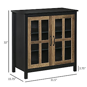 HOMCOM Kitchen Sideboard, Glass Door Buffet Cabinet, Accent Cupboard with Adjustable Storage Shelf for Living Room, Black Wood Grain