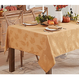 Newbridge Tremont Leaf Damask, Fabric Tablecloth, Swirling Leaves Damask, Print, Soil Resistant, Easy Care Tablecloth, 60 Inch x 144 Inch Rectangle, Gold