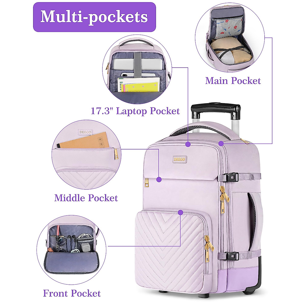 DEEGO Rolling Backpack for Women, 17.3 inch Travel Backpack with Wheels for Adult, Large Wheeled Backpack with Toiletry Bag, College Roller Travel Backpack Carry on Luggage for Work Business, Purple
