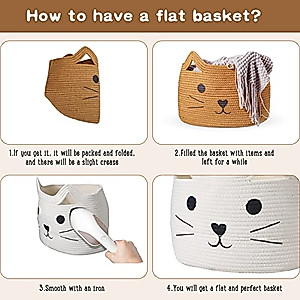2 Pieces Large Cat Toy Basket Woven Cotton Rope Storage Basket Large Cute Cat Laundry Basket Organizer Animal Design Toy Storage Organizer Baby Hamper Cat Nursery Bins Boxes, White, Brown
