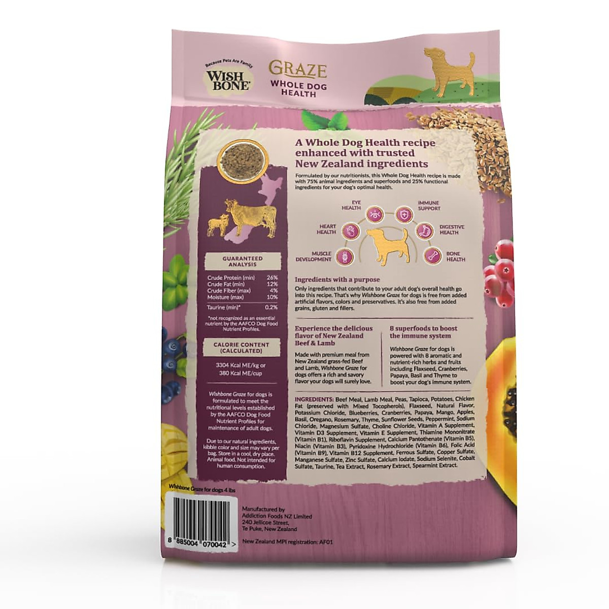 Wishbone Graze New Zealand Beef and Lamb Dry Dog Food, Gluten-Free, Grain-Free Formula for Overall Pet Health - 4 lb