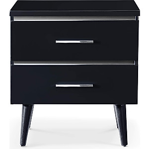 Adore Décor Lennox Mid-Century Side Table 2 Drawers Storage Nightstand, Matte Chrome Handle, Black