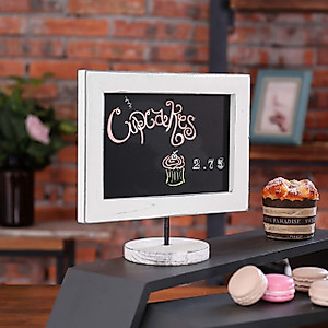 MyGift 12-Inch Vintage White Wood Chalkboard Sign Tabletop Wooden Framed Small Chalkboard with Round Pedestal Stand, Display Vertical or Horizontal