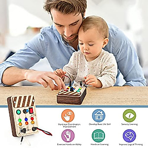 DINORUN Busy Board Montessori Toys for 1 2 3 Year Old Toddler Toys, Wooden Travel Toys with Light Up LED Buttons, Sound Sensory Toys for Toddlers 1-3, Educational Learning Fidget Toys Toddler Gifts