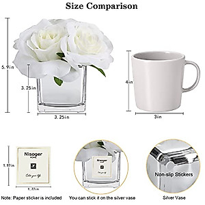 Nisoger Artificial Flowers in Vase, White Silk Rose Faux Flowers in Vase, Fake Flowers with Vase Bouquets Arrangements Home Decoration for Dinning Table Centerpieces Bedroom Bathroom Kitchen, White