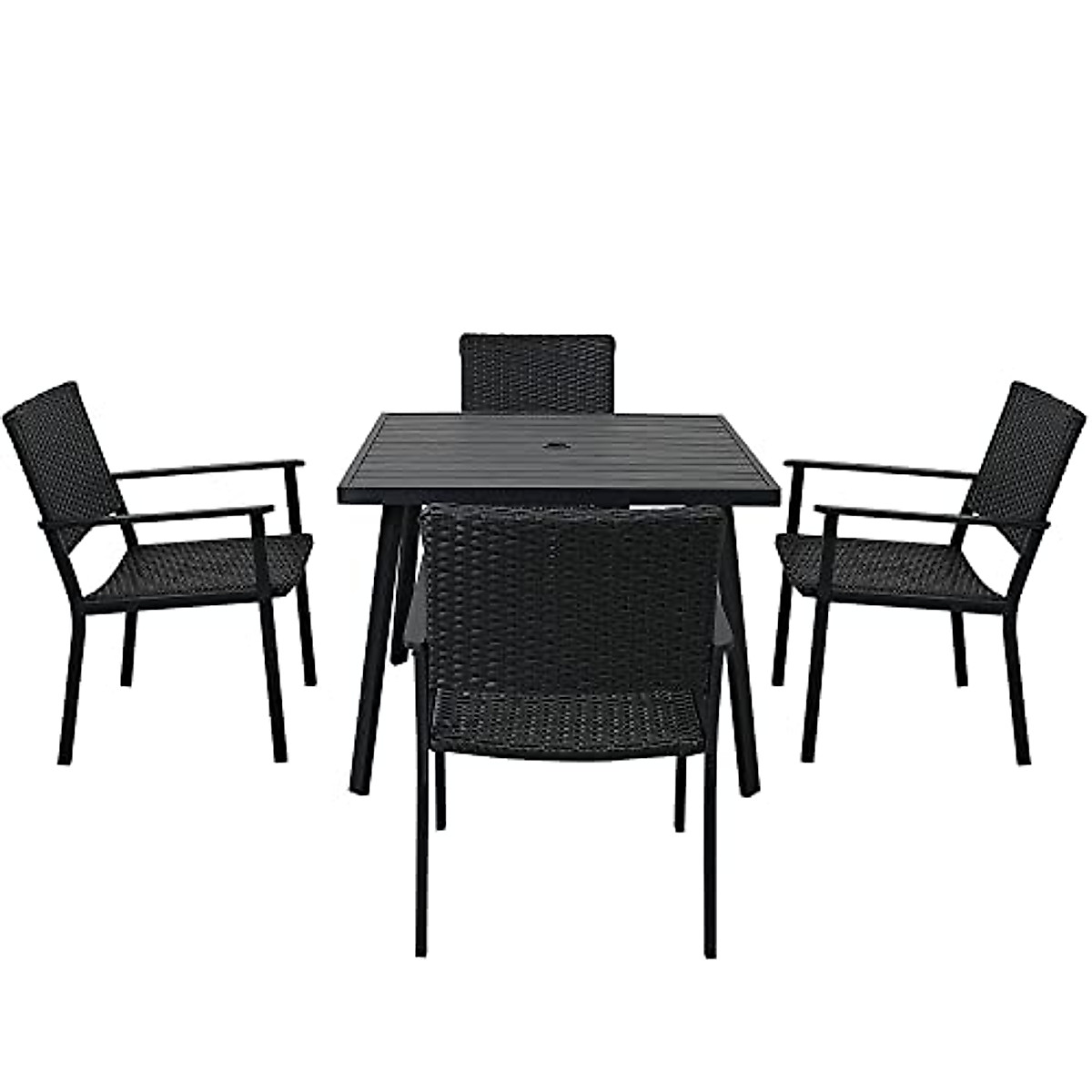 Goohome 5-Piece Patio Furniture Set with Umbrella Hole, All Weather PE Wicker Durable Outdoor Dining TableSet and 4 Rattan Chairs, for Porch Garden Poolside Backyard, Multi-Scene Use