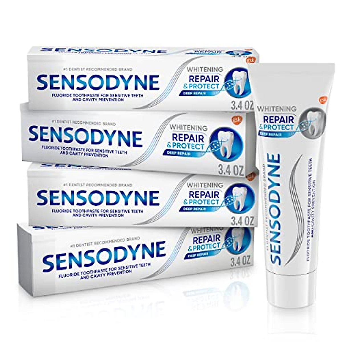 Sensodyne Repair and Protect Whitening Toothpaste, Toothpaste for Sensitive Teeth and Cavity Prevention, 3.4 oz (Pack of 4)