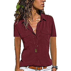 Andongnywell Womens Short Sleeve Shirts V Neck Collared Button Down Shirt Tops with Pockets Summer Business (Red Wine,7,4X-Large)