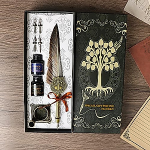 TIANREN Feather Pen and Ink Set,quill pen ink set,Antique Calligraphy Pen with 4 Replaceable Nibs,2 Bottle of ink,Pen Holder Christmas Gift for Men&Women.(Gray)