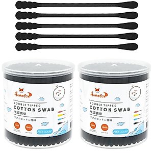 HOMEFOX Black Cotton Swabs Spiral - 400 Count Organic Cotton Buds Double Side Tightly Wrapped Charcoal Cotton Tips Paper Stick Soft Gentle Cruelty-Free Lint-Free Goth Bathroom, Round & Spiral (Black)