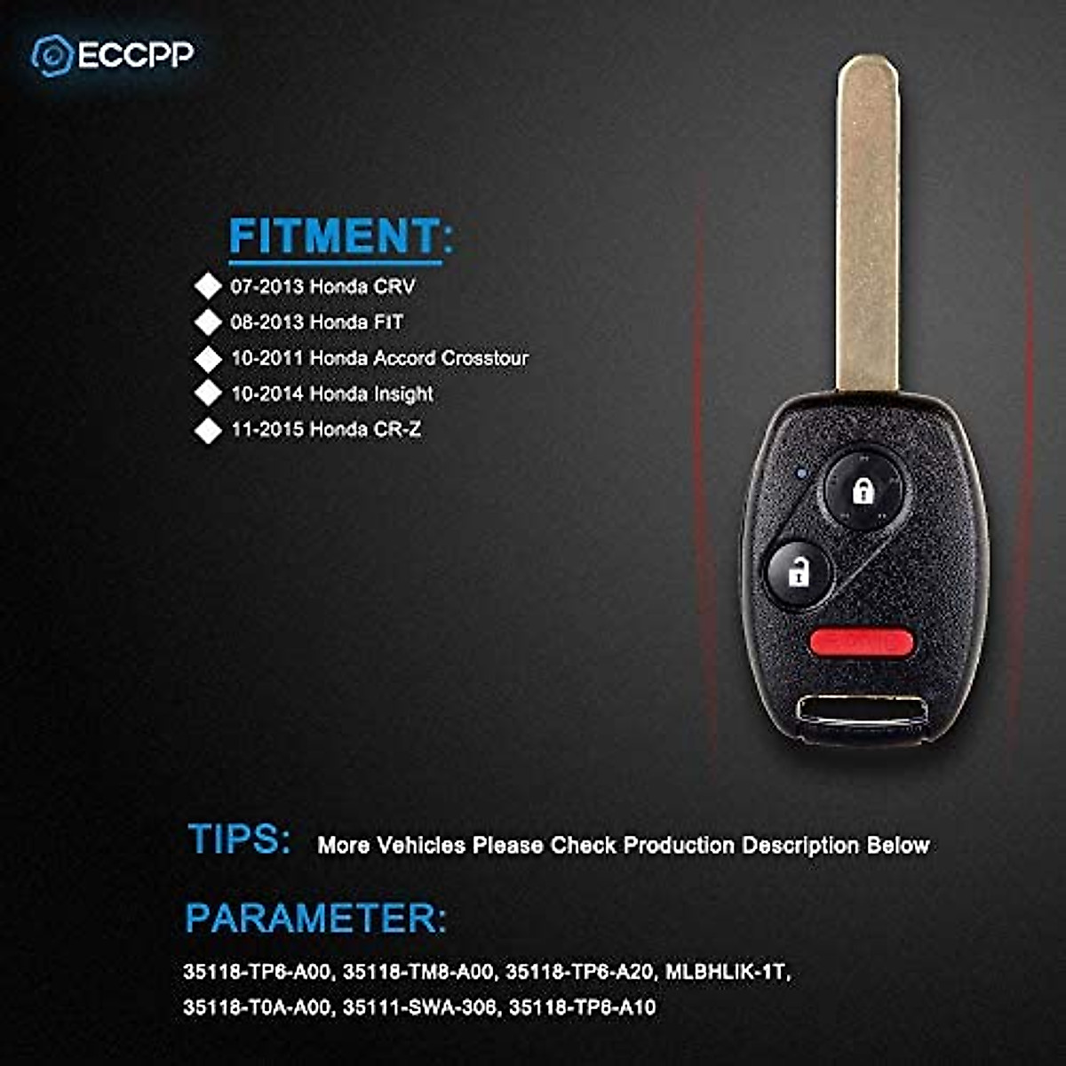ECCPP for honda accord key fob Uncut Keyless Entry Remote Car Key Fob for 07 08 09 10 11 12 13 14 15 honda key fob CR-Z CRV FIT Insight Accord Crosstour key fob 313.8MHz MLBHLIK-1T (Pack of 2)