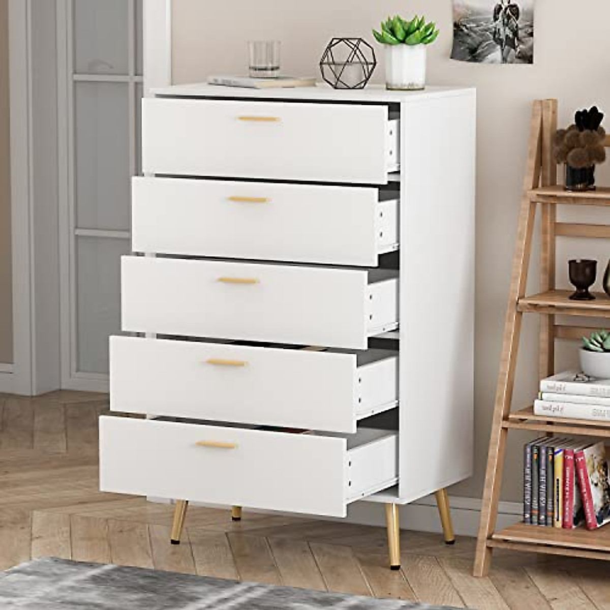 Homsee Modern Dresser Storage Chest with 5 Drawers, Wood Dresser Chest with Gold Metal Legs and Handles for Bedroom, Living Room, White (27.4”L x 15.6”W x 44.9”H)