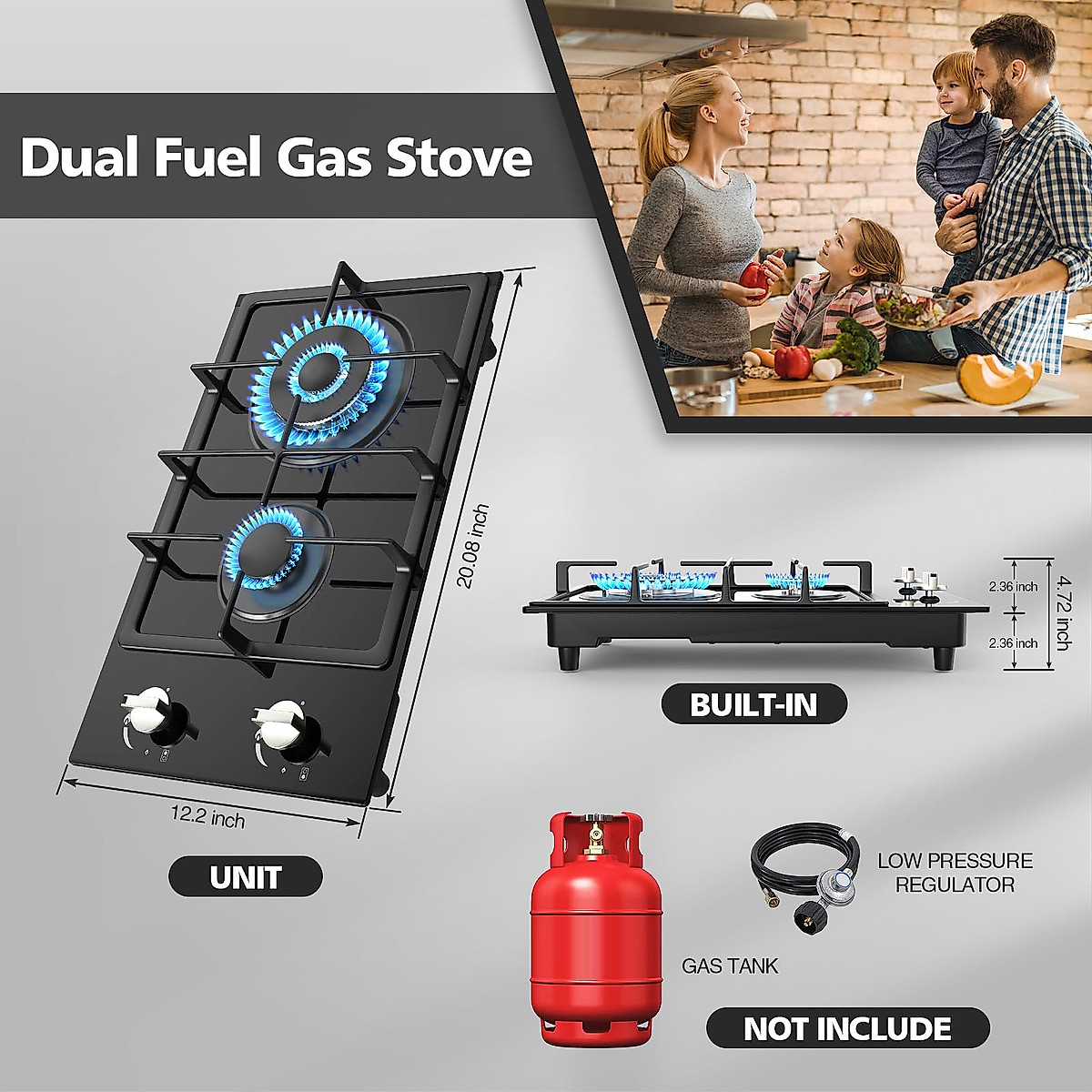 Gas Stove 2 Burner Propane Cooktop 12 inch, Nafewin Tempered Glass Gas Cooktop Gas Stove Burner with Thermocouple Protection, Lpg/Ng Dual Fuel Built-in Gas Stove Top for Apartments, Outdoor, Rvs