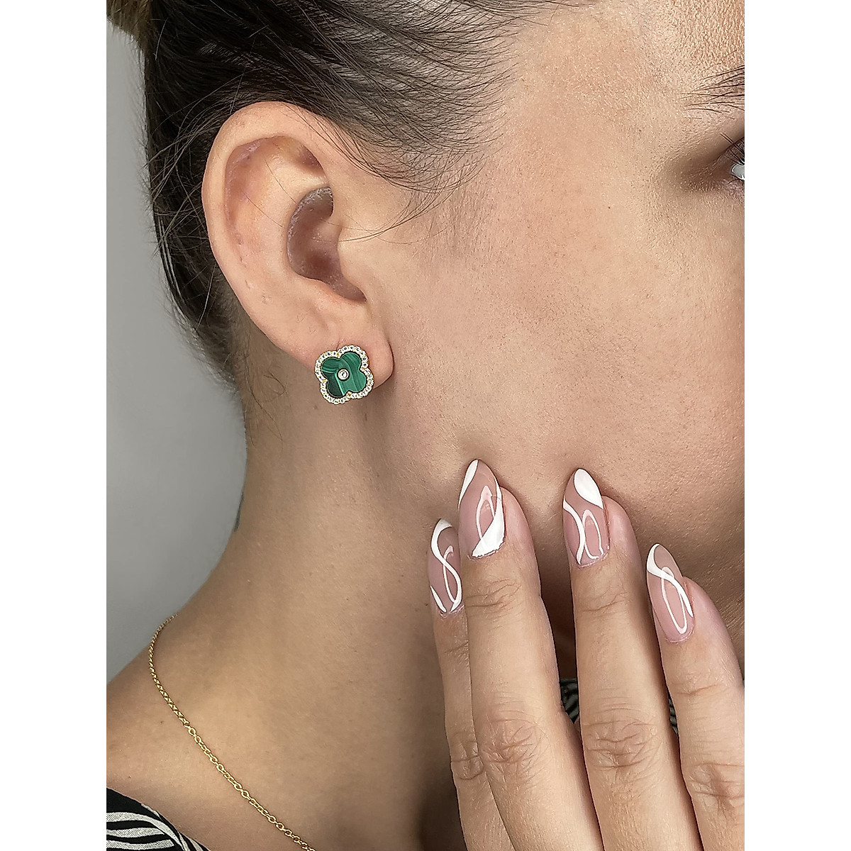 Lavari Jewelers Four Petal Halo Flower Stud Earrings for Women - Elegant Green Malachite & Cubic Zirconia in 925 Sterling Silver - Hypoallergenic Yellow Gold Plated - 11 MM Push Back Studs for Her