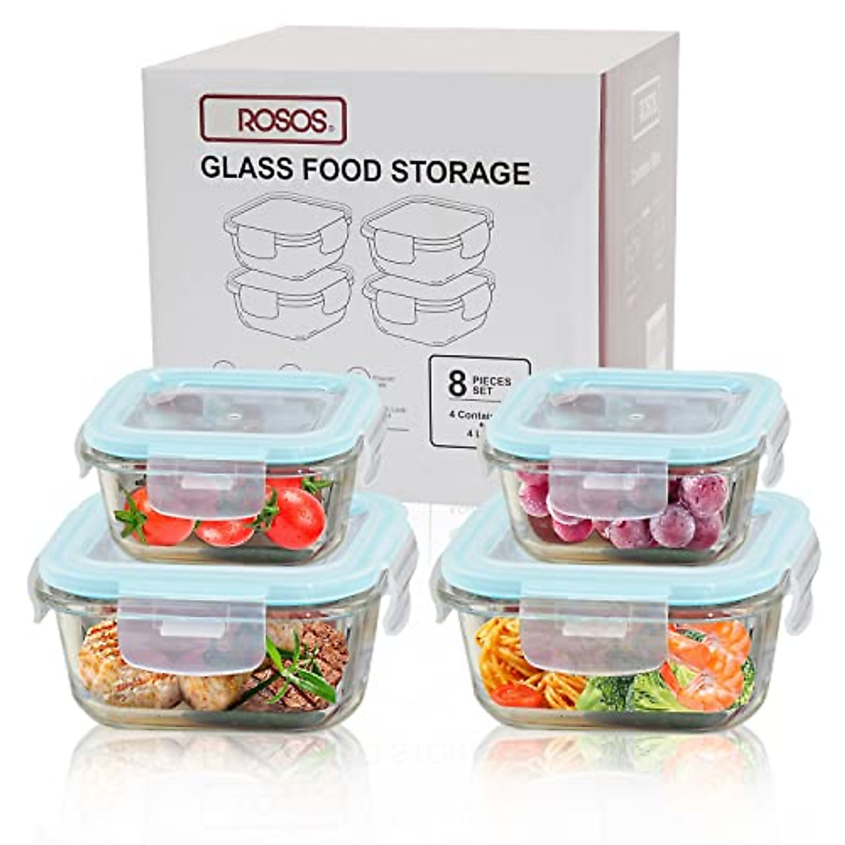 ROSOS Glass Food Storage Containers with Lids Airtight 4 Pack, Glass Storage Containers with Lids for Food, Not Easy Broken & Leak Proof, Glass Containers with Lids for Oven/Dishwasher Safe, Blue