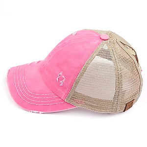 C.C Exclusives Washed Distressed Cotton Denim Criss-Cross Ponytail Hat Baseball Cap Bundle Hair Tie (BT-780)(BT-791) (A Elastic Band-Pink)