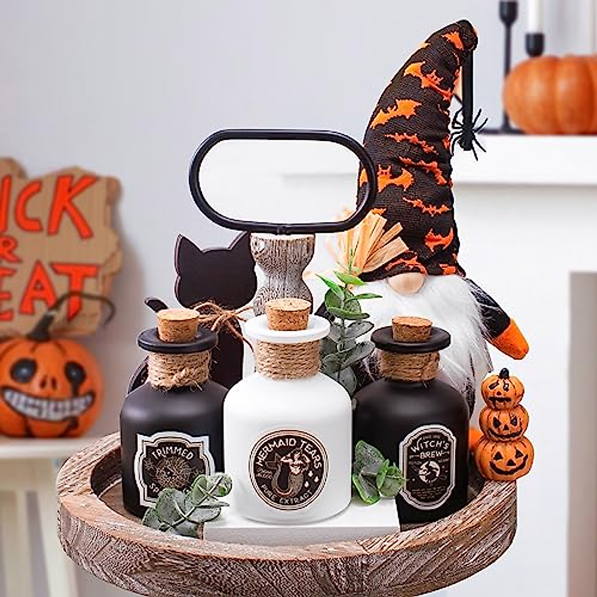 Halloween Decorations Indoor - Halloween Tiered Tray Decor - 3 pcs Glass Potion Bottles with 6pcs Stickers - Black and White Apothecary Bottles - Halloween Decorations for Party Home Table Kitchen