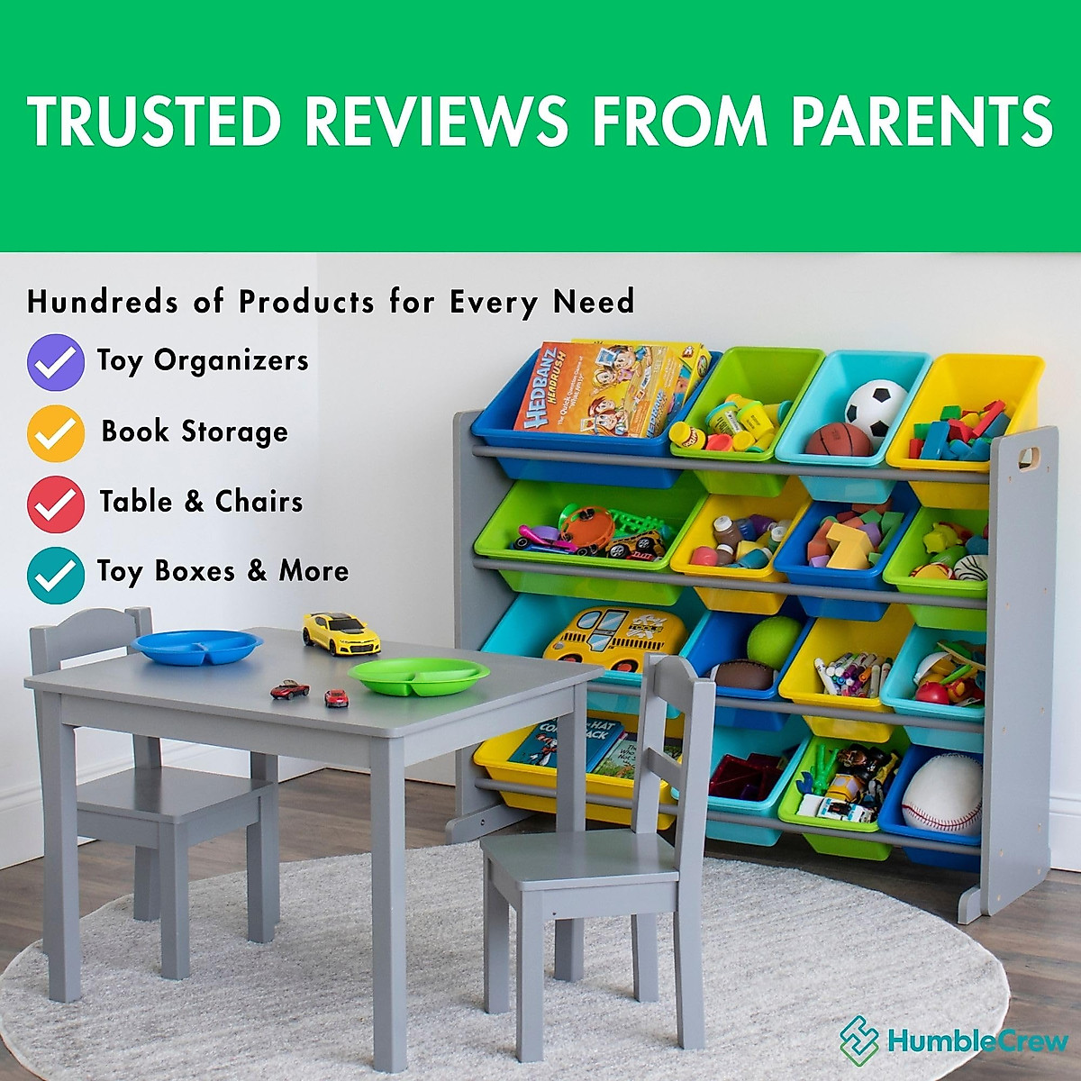 Humble Crew Extra-Large Toy Organizer, 16 Storage Bins, Grey/Blue/Green/Yellow,15.5"D x 42"W x 35"H