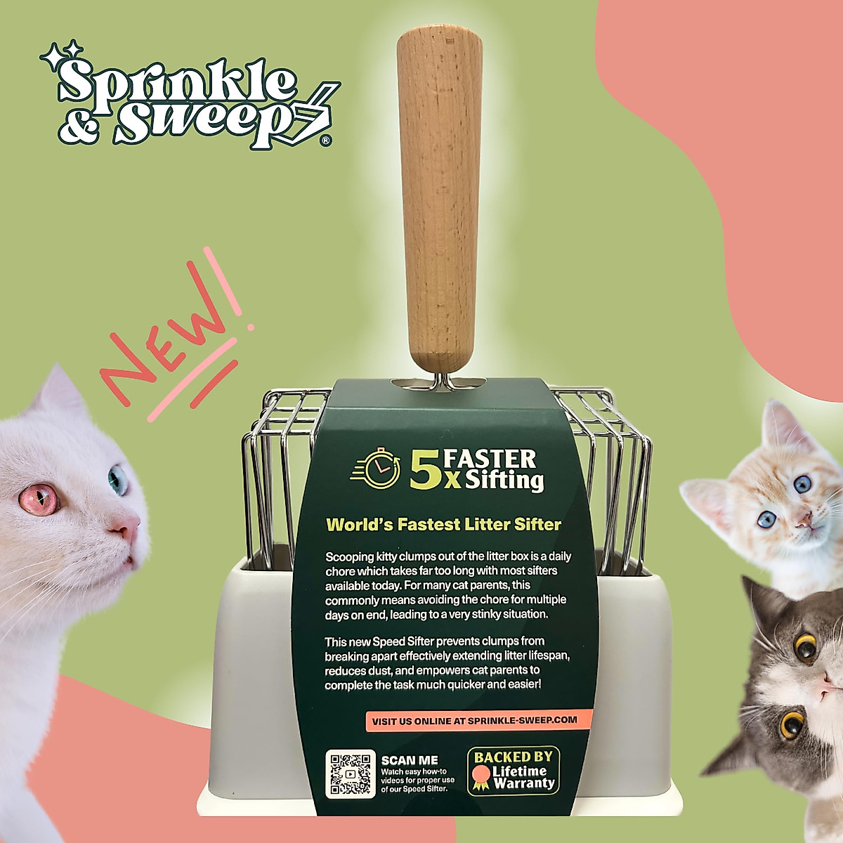 Sprinkle & Sweep Cat Litter Scoop - Heavy Duty Litter Scooper & Speed Sifter with Comfortable Beech Wood Grip - Metal Cat Litter Scoop, Washable Convenient Stand for Easy and Efficient Cleaning