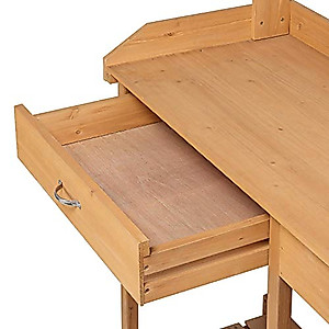 Yaheetech Potting Bench Outdoor Garden Work Bench Station Planting Solid Wood Construction w/Sink Drawer Rack Shelves Natural Wood