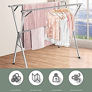 HYNAWIN Clothes Drying Racks, Upgraded Stainless Steel Laundry Drying Rack, Heavy Duty Collapsible Garment Rack, Clothes Storage Rack for Indoor Outdoor, 1.5M/59 in