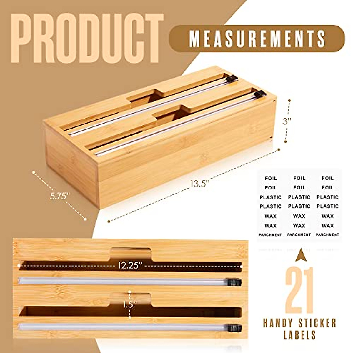 Plastic Wrap Dispenser with Cutter, Aluminum Foil Organizer, Two in One Roll Holder, 13.5"x5.75"x3", Wooden, Bamboo, Reusable, Saran Wrapper Dock, Wax Paper Dispensers for Kitchen Drawer | Houseables