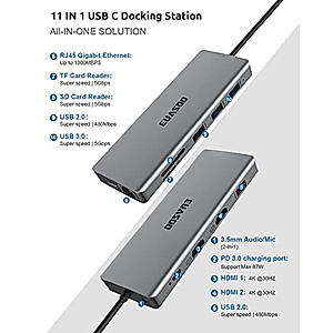 USB C Hub, Docking Station, EUASOO 11 in 1 Triple Display USB C Docking Station with Dual 4K HDMI/1000Mbps Gigabit Ethernet/PD 3.0/4 USB Ports for MacBook/USB C Laptops, MacOS Only Support Mirror Mode