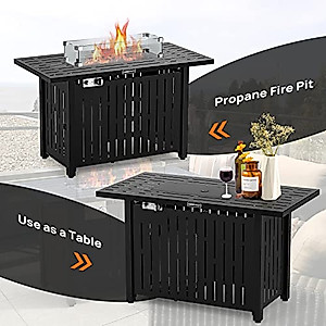 EMBRANGE Gas Fire Pit 43 Inch Propane Fire Pits, Pulse Ignition 50,000 BTU Steel Fire Pit with Glass Wind Guard, Waterproof Cover,Glass Stone, Add Ambience to Gatherings on Patio Garden Backyard