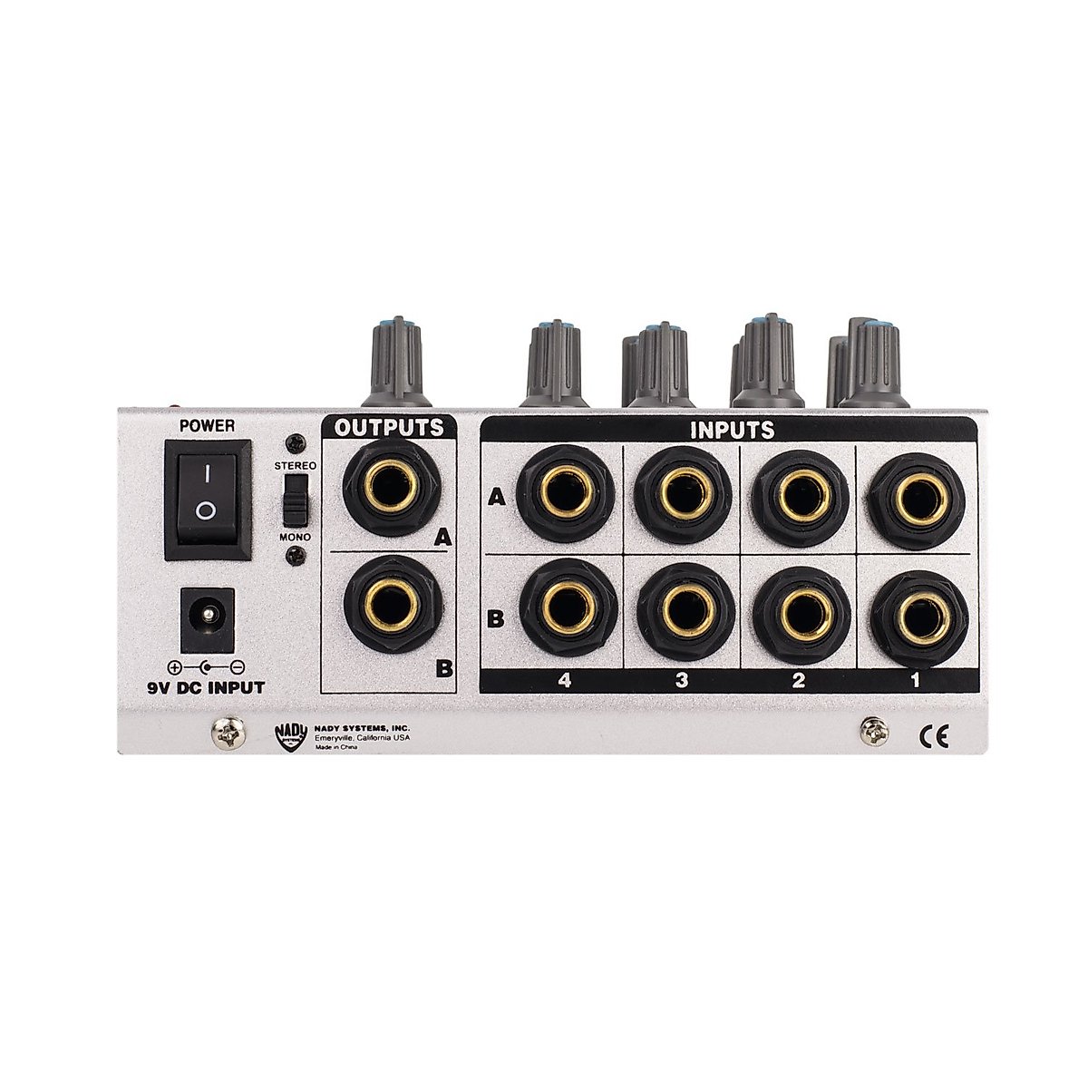 Nady MM-242 4 Stereo / 8 Mono Channel Mini Mixer with mono/stereo mode, ¼” Inputs and outputs – battery powered, or use optional AC adapter