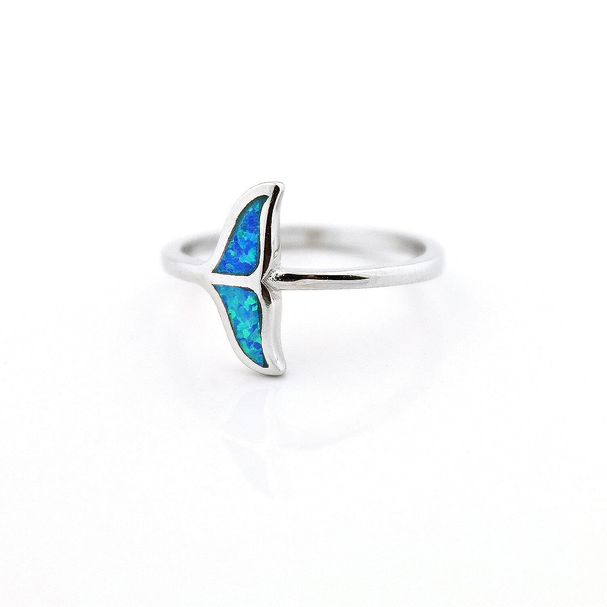 Sterling Silver 925 Fishy Tail Ring Simulated Blue Opal Whale Tail Stackable band Ocean Animal Jewelry for Women (10)