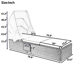 Merax Blue Outdoor Wicker Lounge Chaise with Cushions,Canopy and Cup Table Singe Pool Loungers Chairs Black, 1 Set