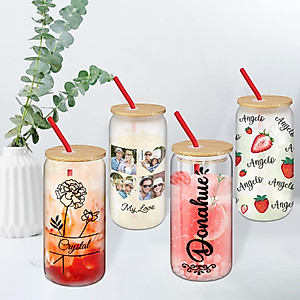 Personalized Glass Cups with Bamboo Lids and Straws Custom Name Photo Sublimation Drinking Glass Can Tumbler 16oz Customized Ice Coffee Cup Gift for Birthday Wedding Graduation Anniversary Party
