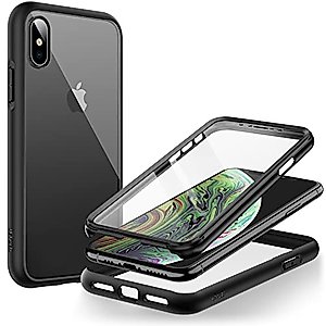 JETech Case for iPhone Xs and iPhone X 5.8 Inch with Built-in Screen Protector Anti-Scratch, 360 Degree Full Body Rugged Phone Cover Clear Back (Black)